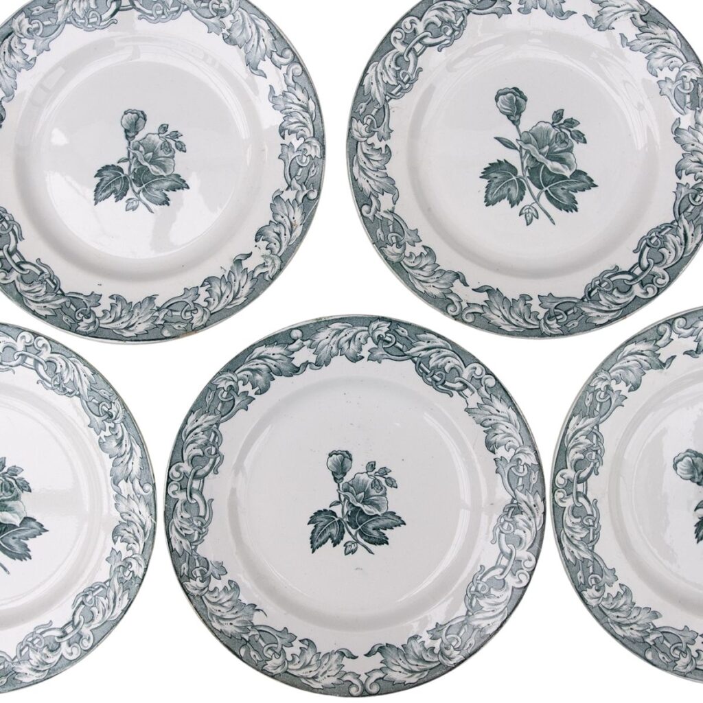 Set of 5 Antique French Dinner Plates – Green Transferware "Valérie" by ...