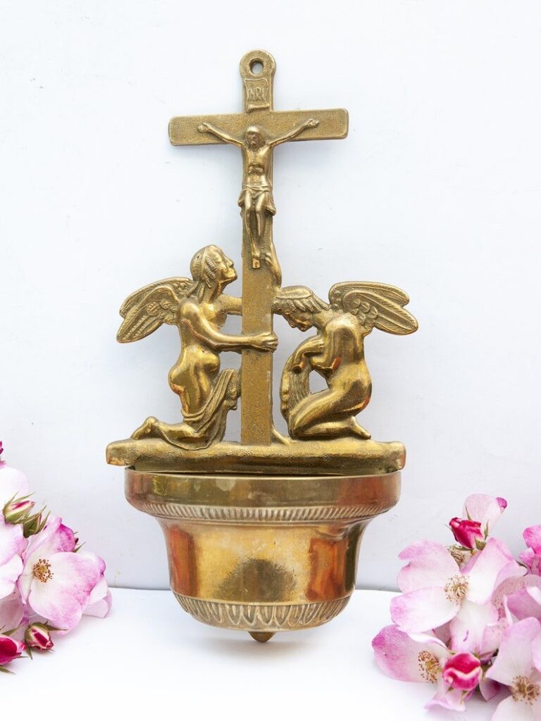Antique French Brass Holy Water Font – Neo-Gothic Religious Wall Stoup ...