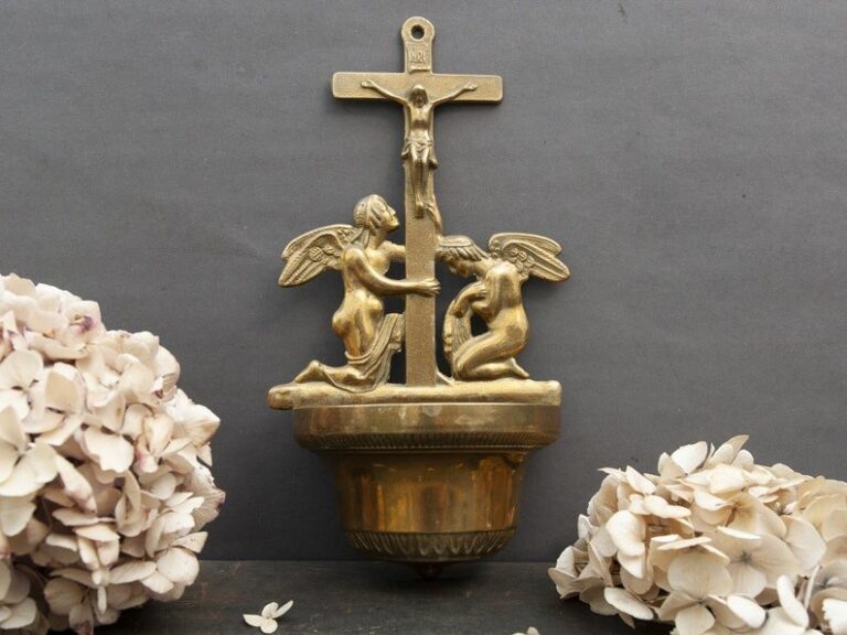 Antique French Brass Holy Water Font – Neo-Gothic Religious Wall Stoup ...