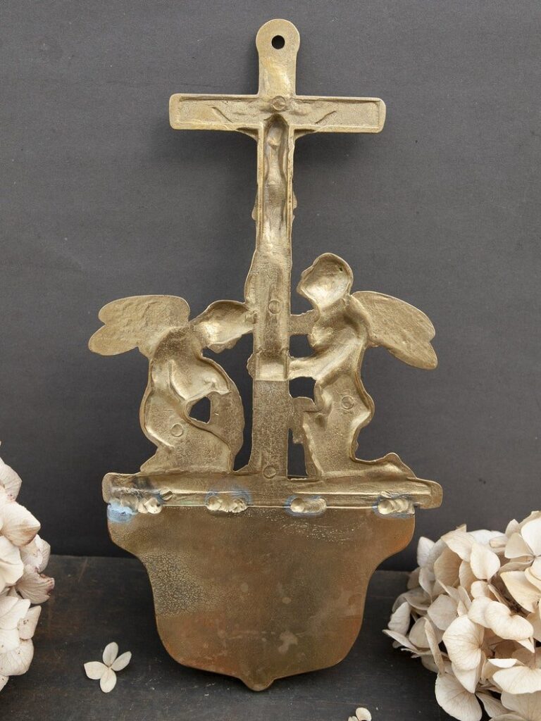 Antique French Brass Holy Water Font – Neo-Gothic Religious Wall Stoup ...
